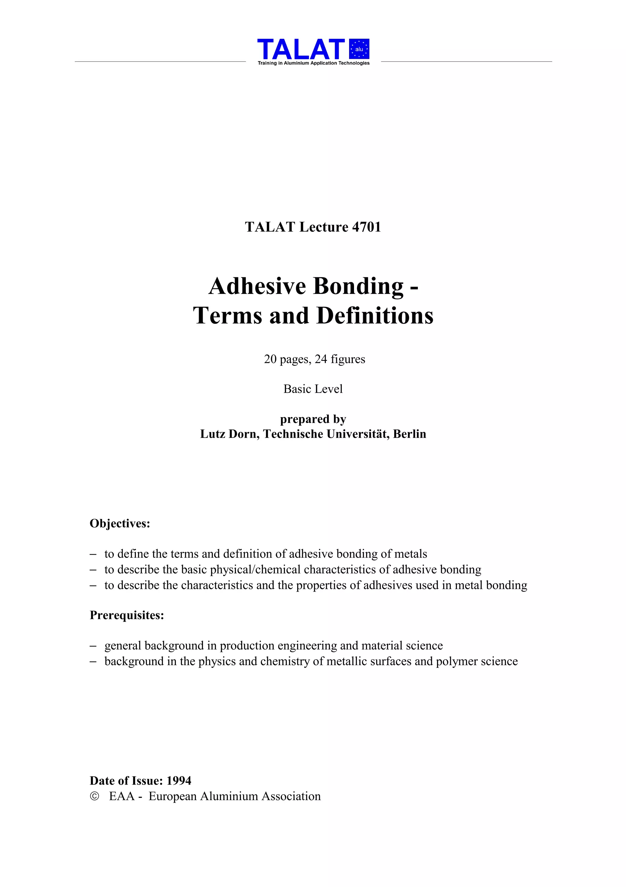 TALAT Lecture 4701: Terms and Definitions for Adhesive Bonding | PDF
