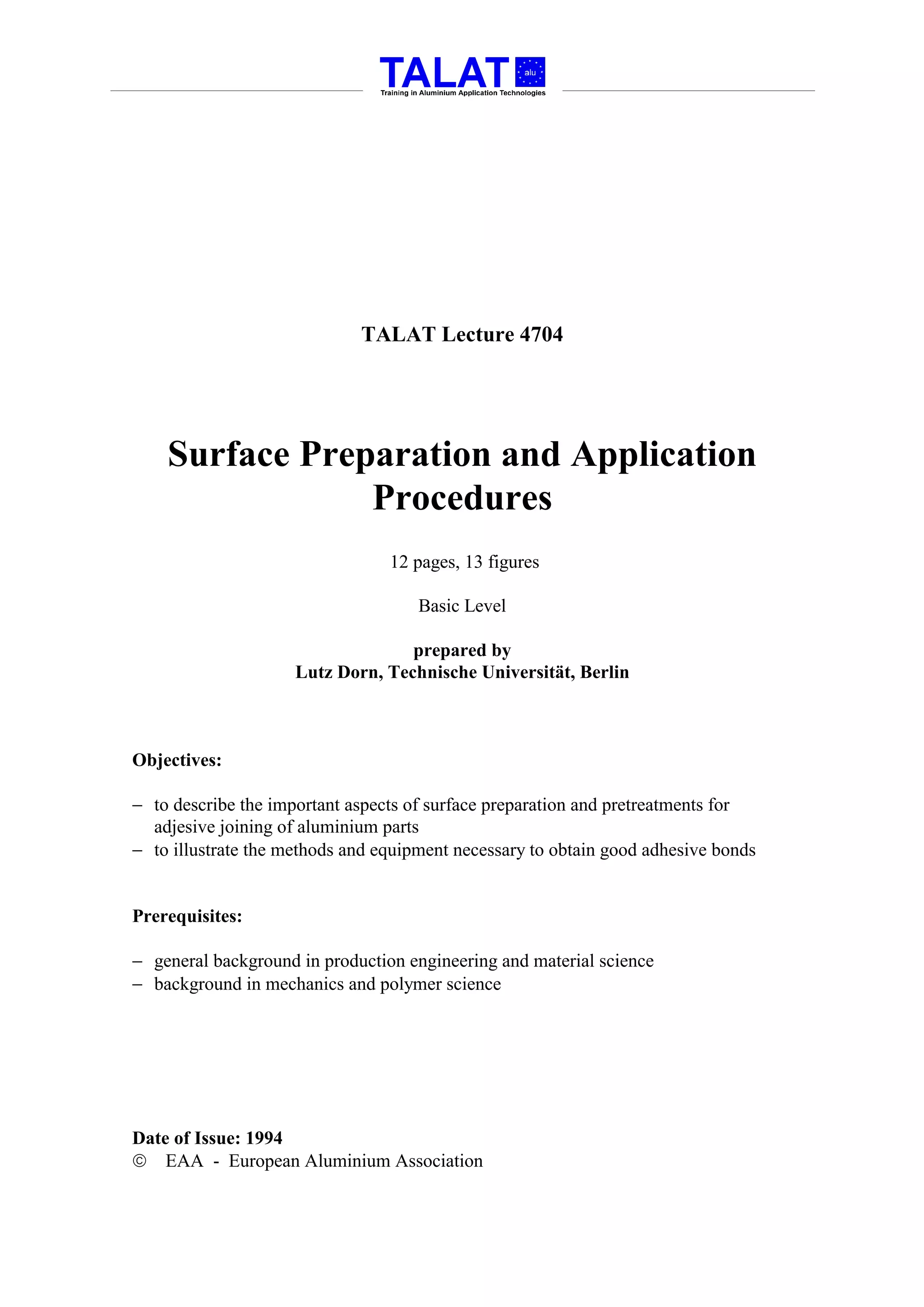 TALAT Lecture 4704: Surface Preparation and Application Procedures | PDF