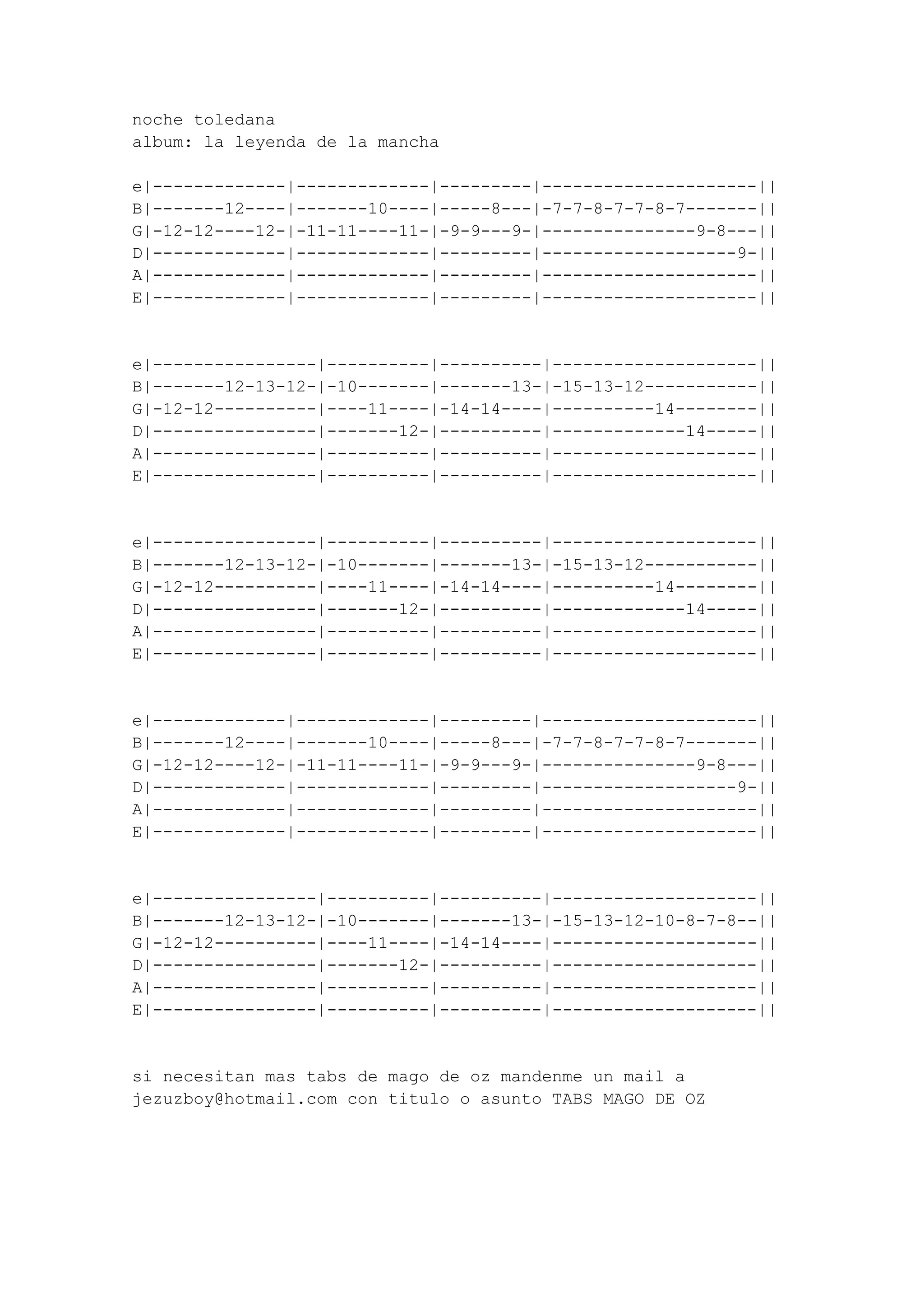 Talbatura de noche toledana mago de oz | DOCX