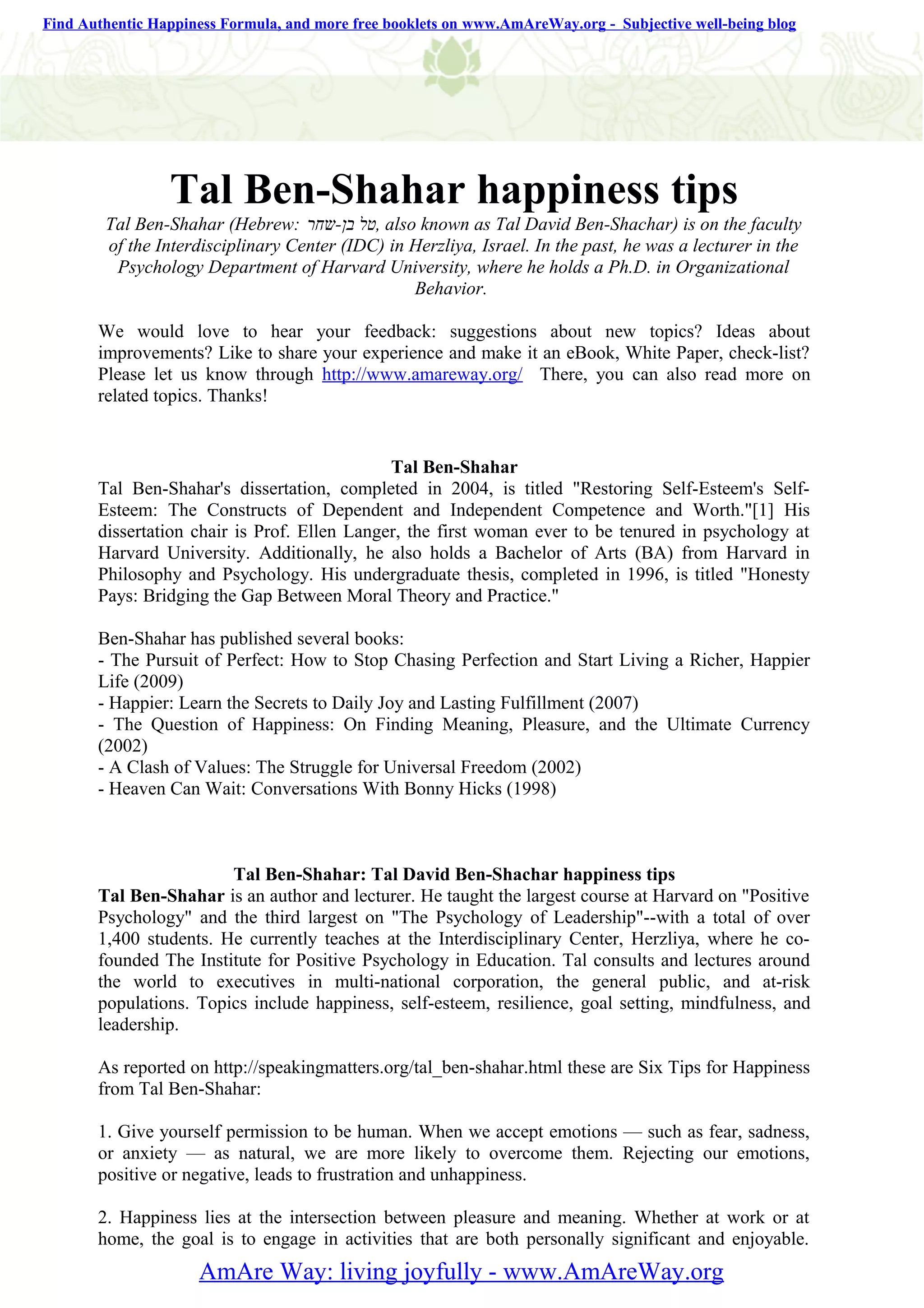 Tal ben shahar happiness tips | PDF
