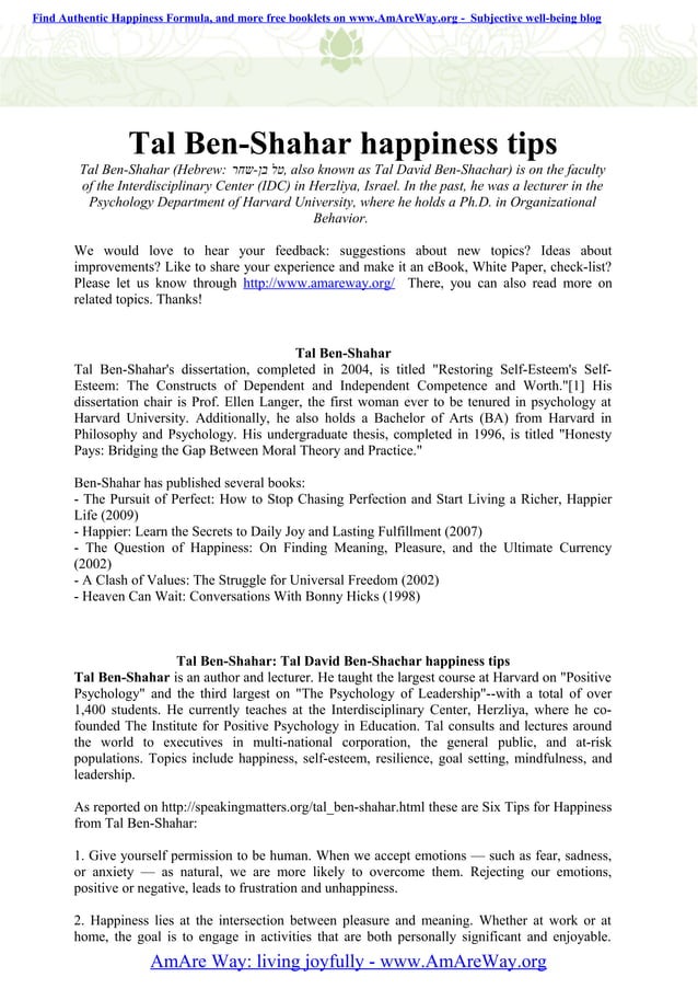 Tal ben shahar happiness tips | PDF