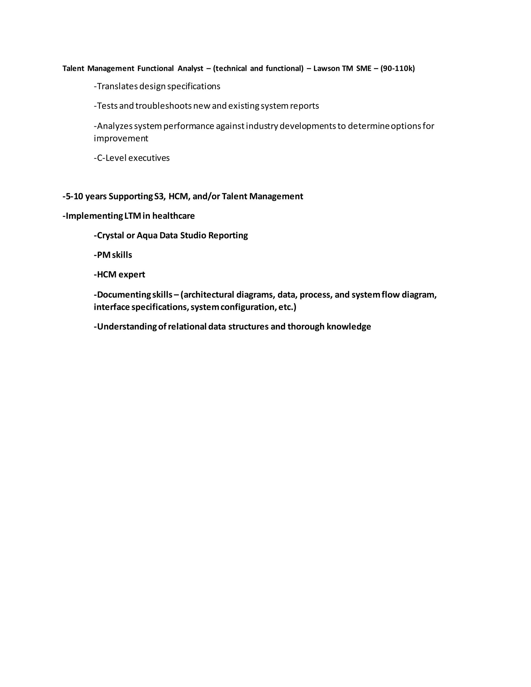 Talent management functional analyst | DOCX | Human Resources | Business