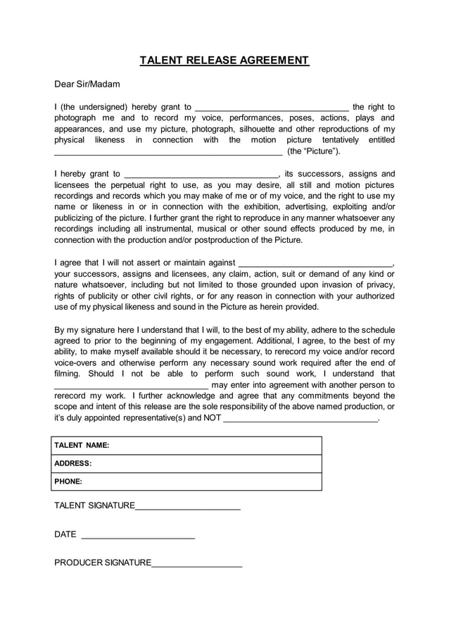 Talent release agreement | DOCX