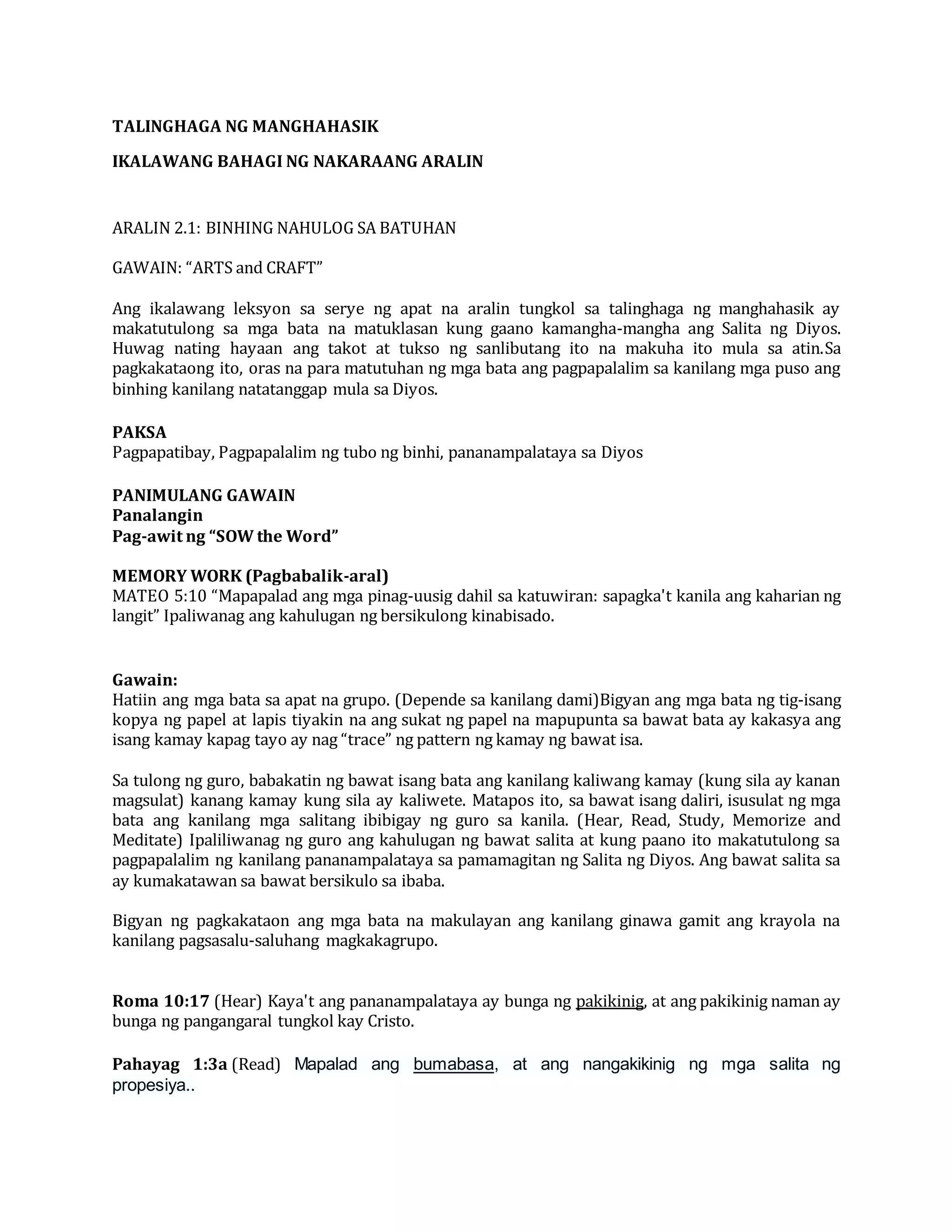 Talinghaga ng manghahasik arts and crafts | DOCX