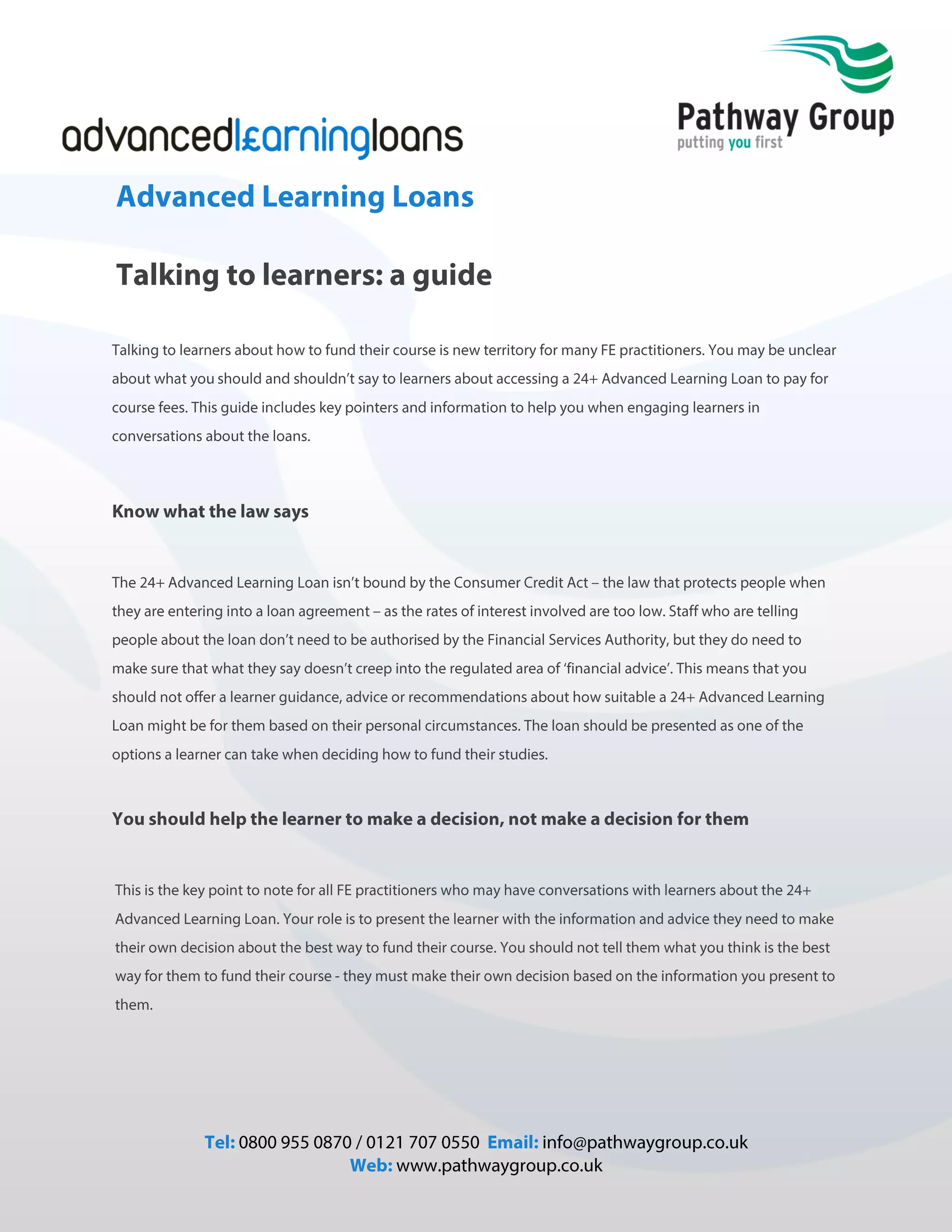 A guide to talking to learners about advanced learning loans, | PDF