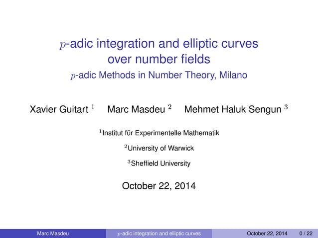 p-adic integration and elliptic curves over number fields | PPT