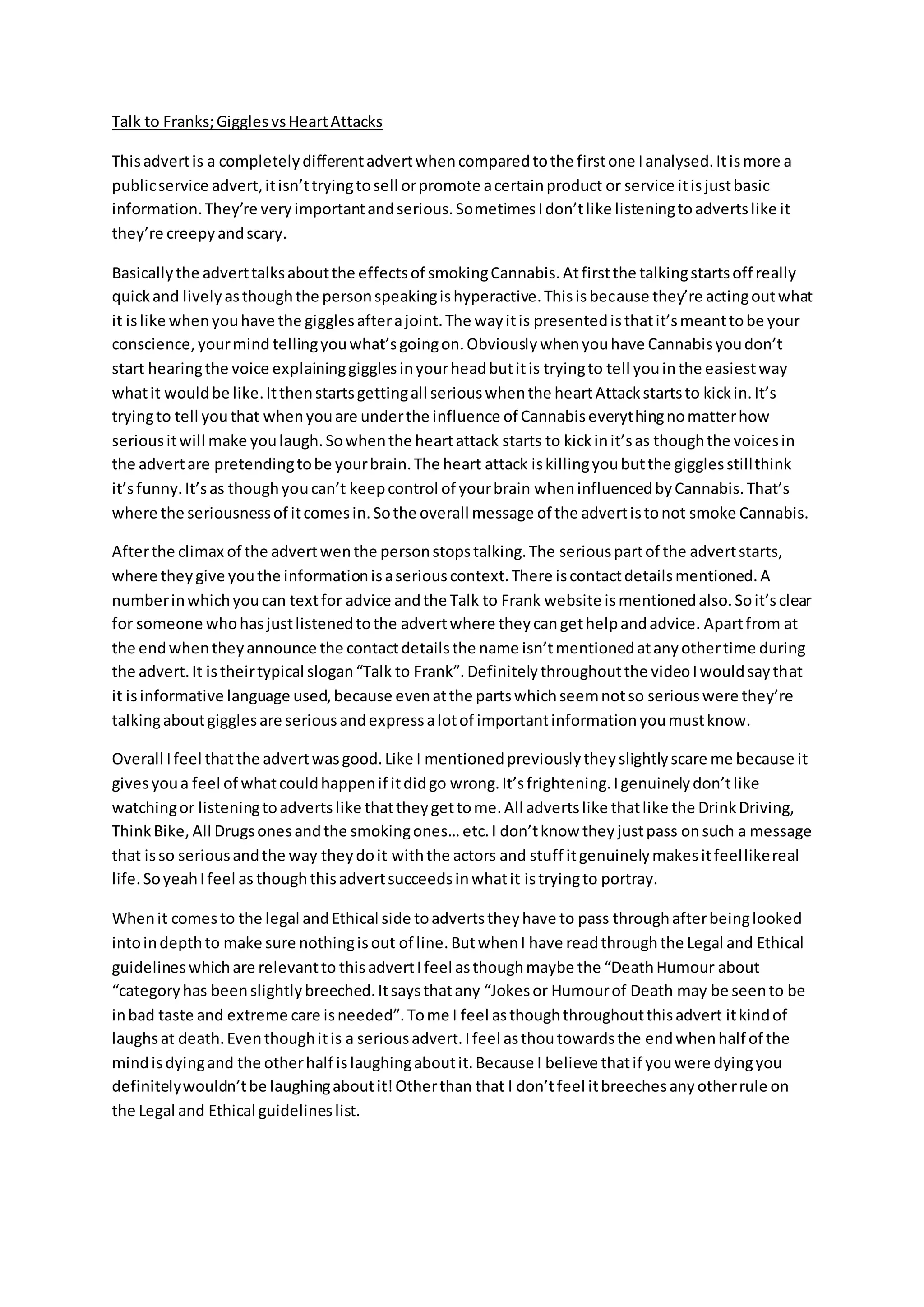 Talk to frank advert analysis | DOCX