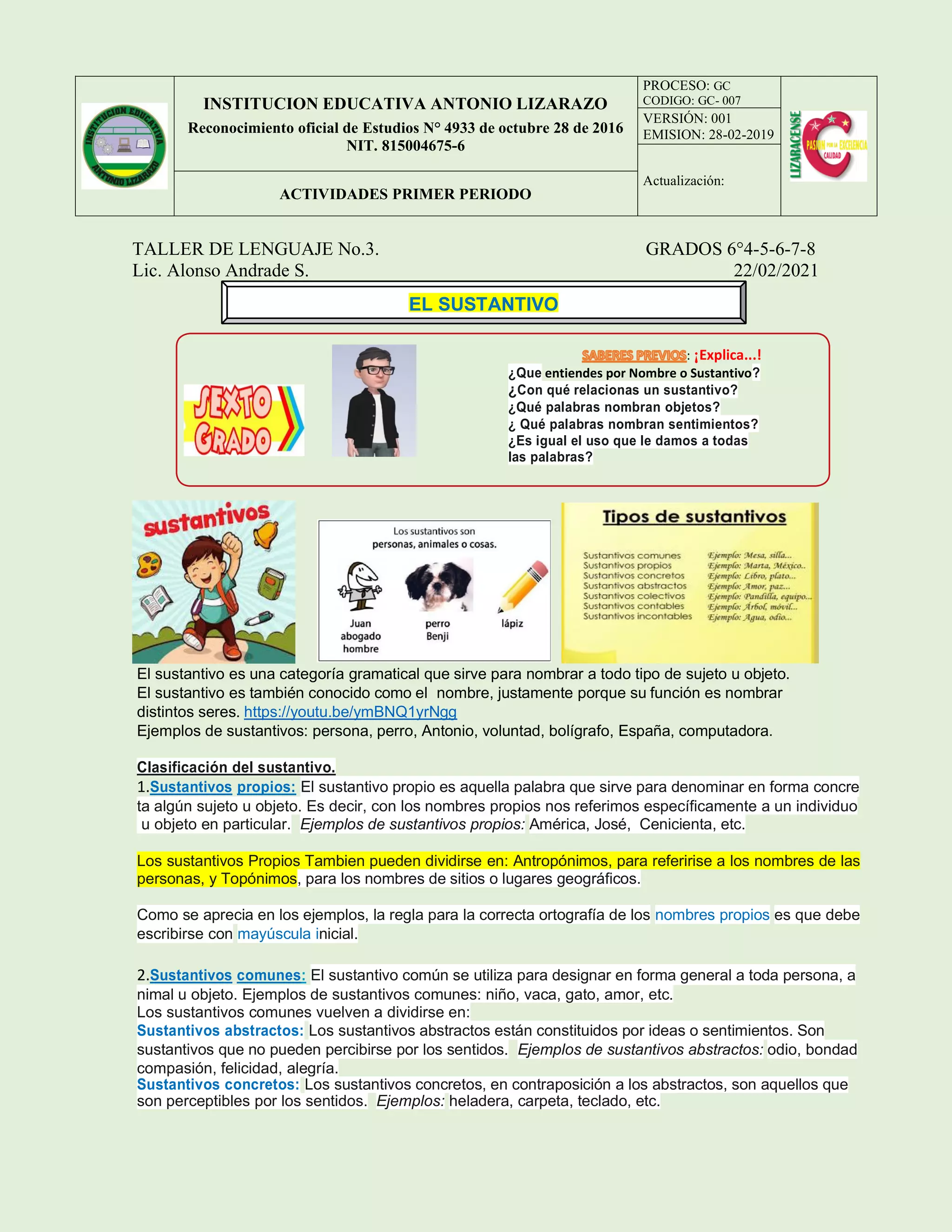 GUÍA TALLER DE ACTIVIDADES. EL SUSTANTIVO Y SUS CLASES. | PDF