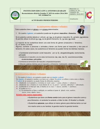GUÍA TALLER DE ACTIVIDADES. EL SUSTANTIVO Y SUS CLASES. | PDF