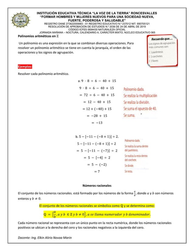Taller 1 - Números naturales, enteros y racionales. | PDF