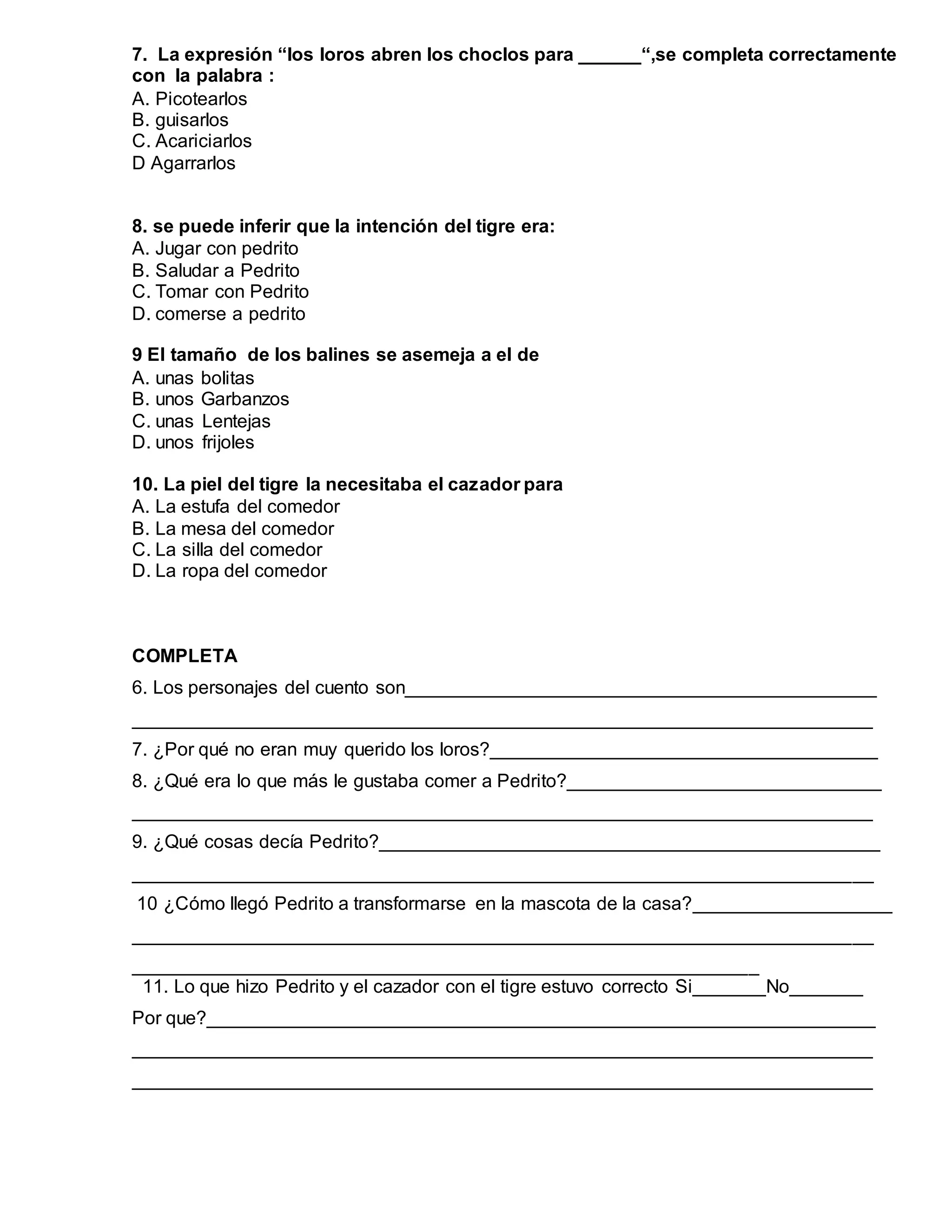 Taller comprensión lectora el loro pelado | DOCX