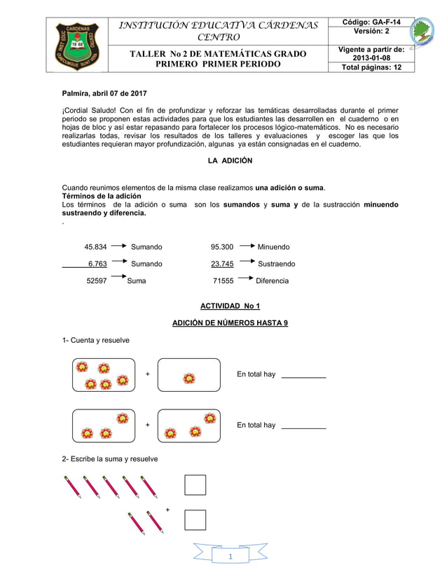 Taller de matemáticas sumas, restas problemas | PDF