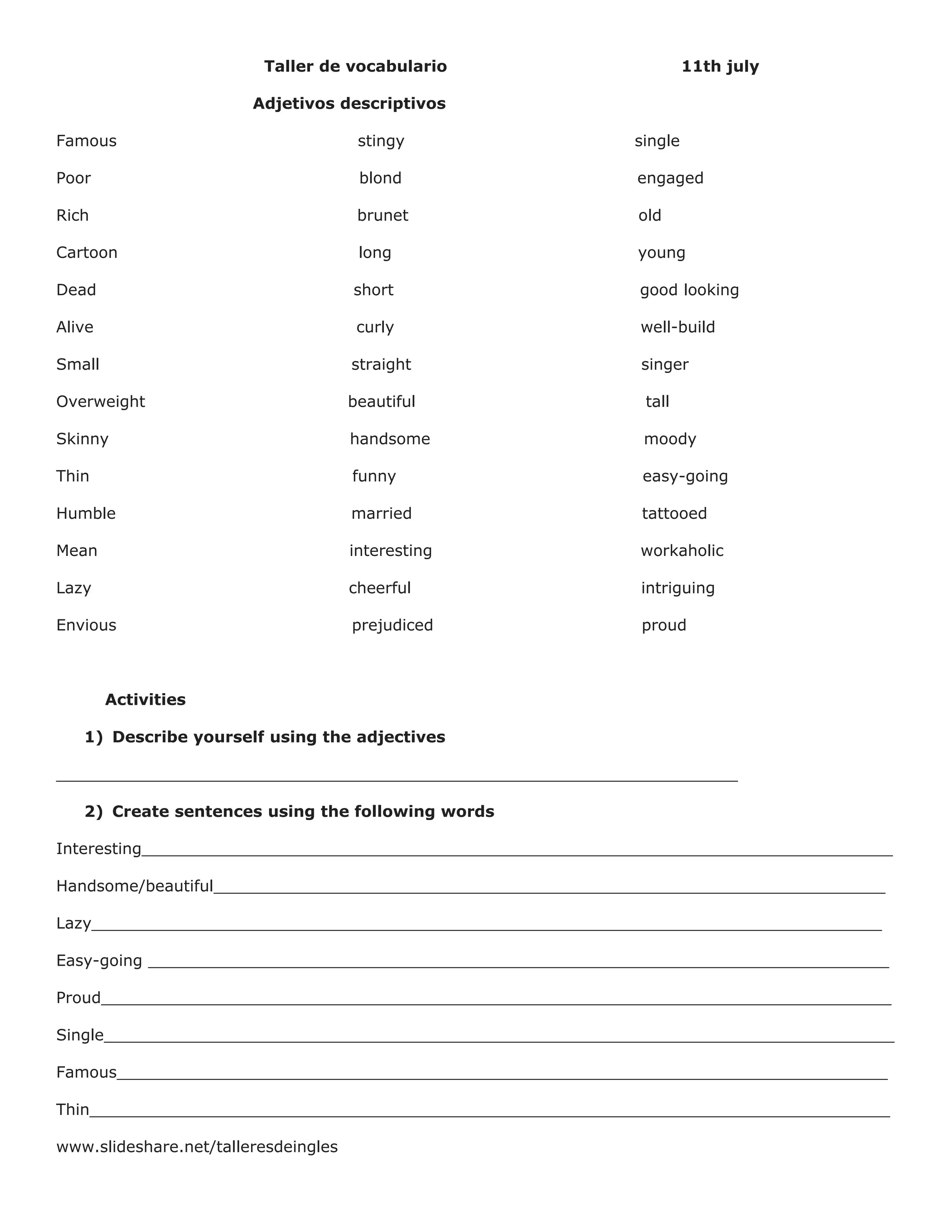 Taller de vocabulario " adjetives about plp" 4th july | DOC