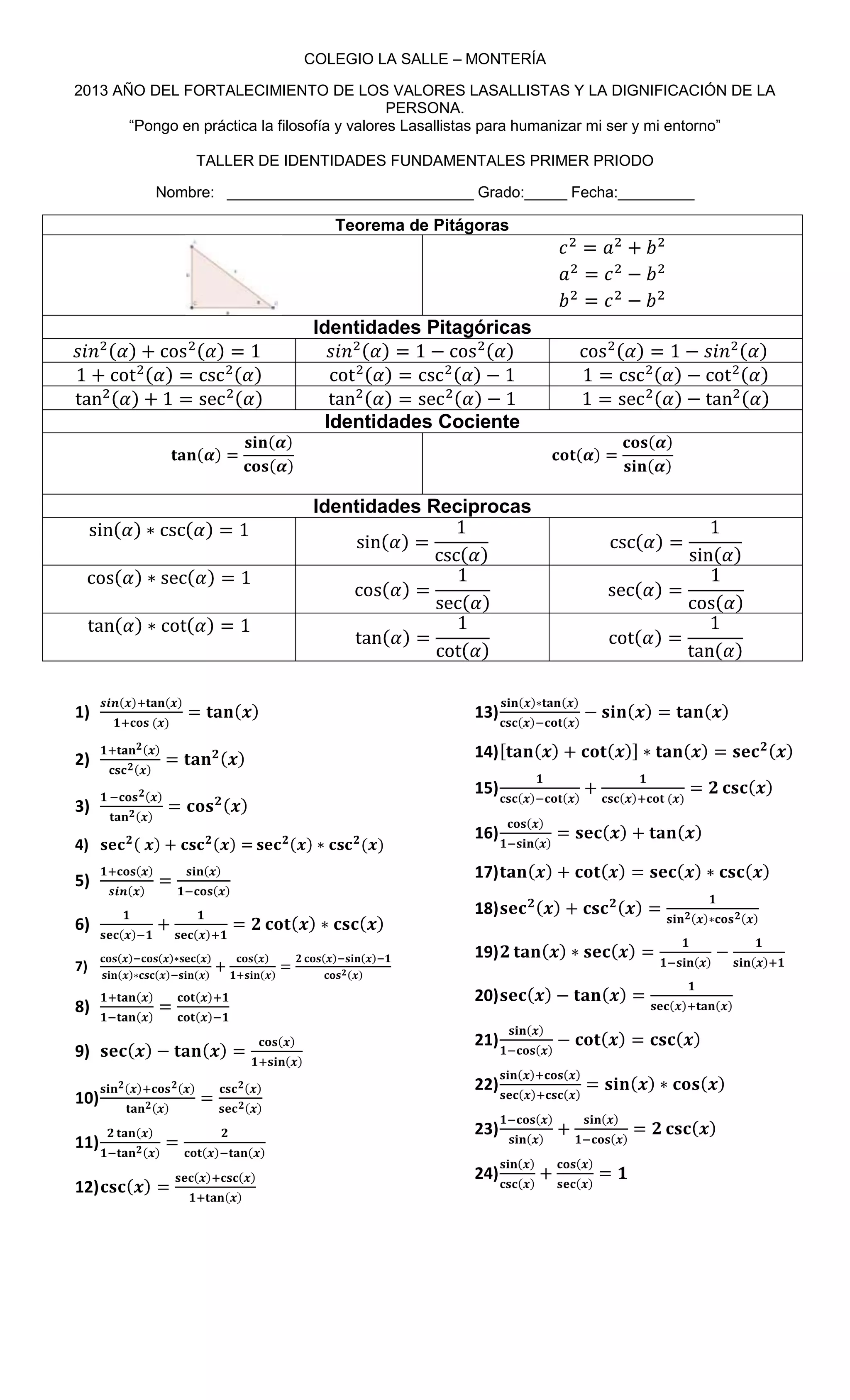 Taller Identidades Trigonométricas Fundamentales Primer Periodo Pdf