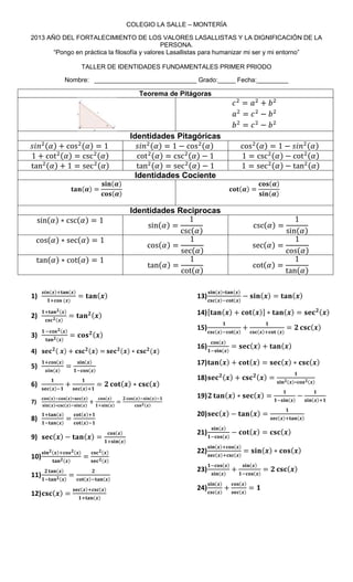 Tabla De Identidades Trigonométricas Fundamentales