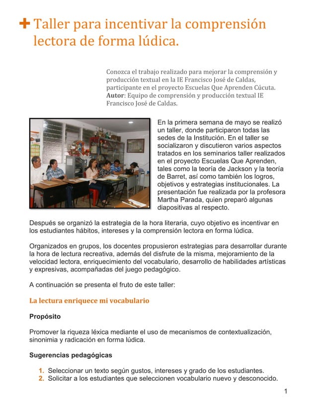 Taller para incentivar la comprensión lectora de forma lúdica | PDF ...