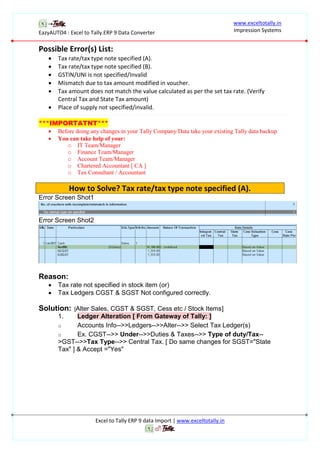 Tally.ERP 9 GST Errors and Solutions | PDF