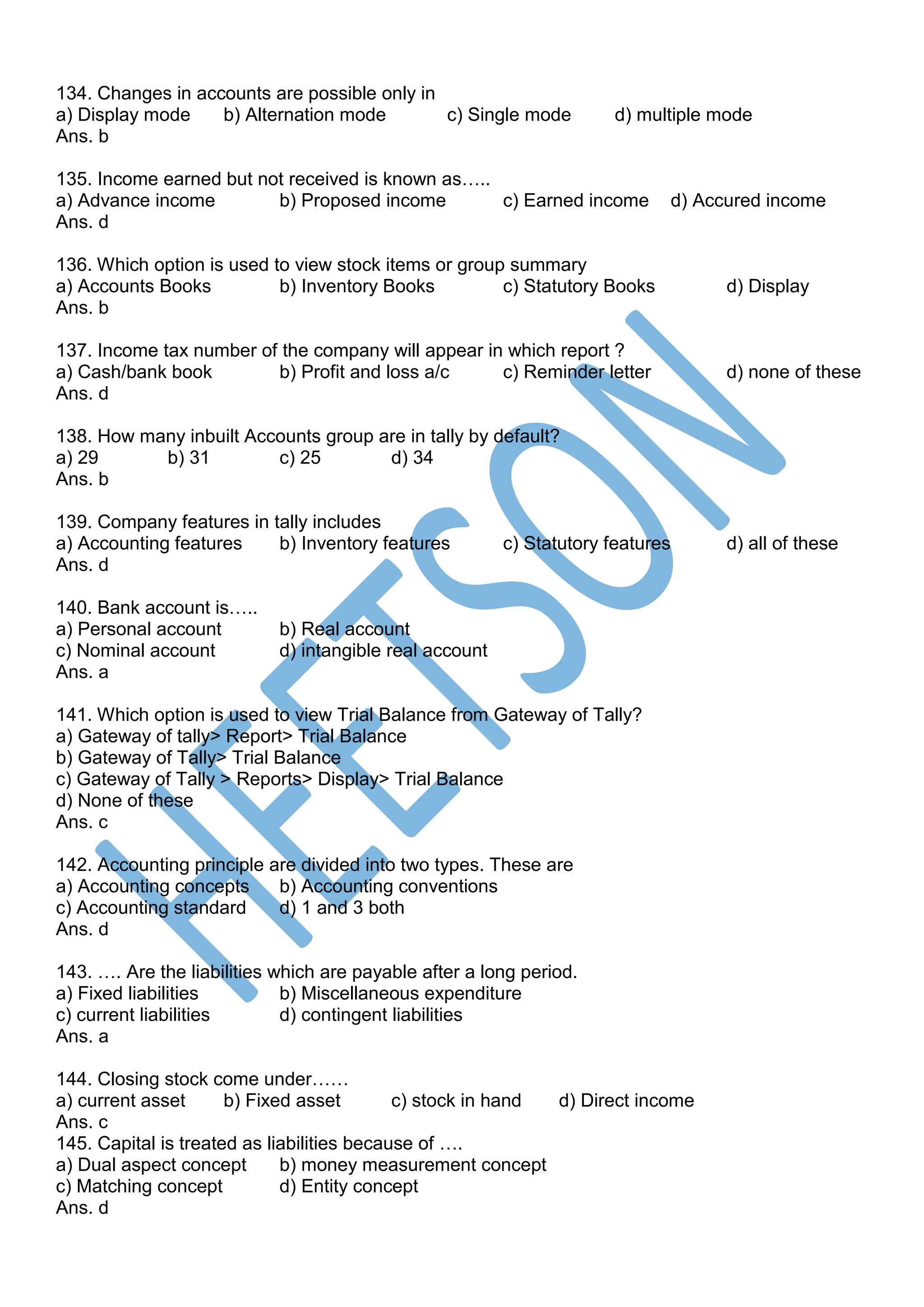 Tally ERP 9 MCQ Questions and Answers for Exams | PDF