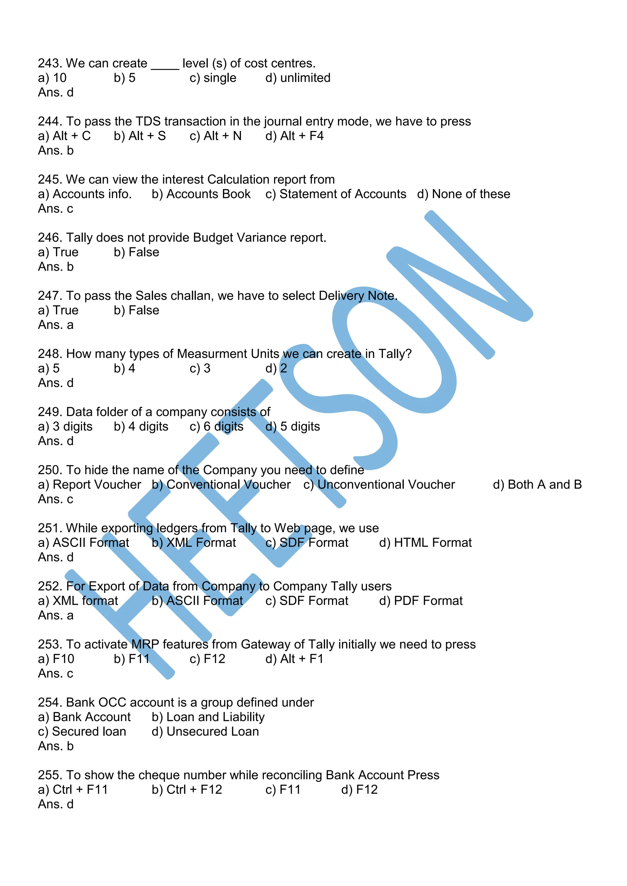 Tally ERP 9 MCQ Questions and Answers for Exams | PDF
