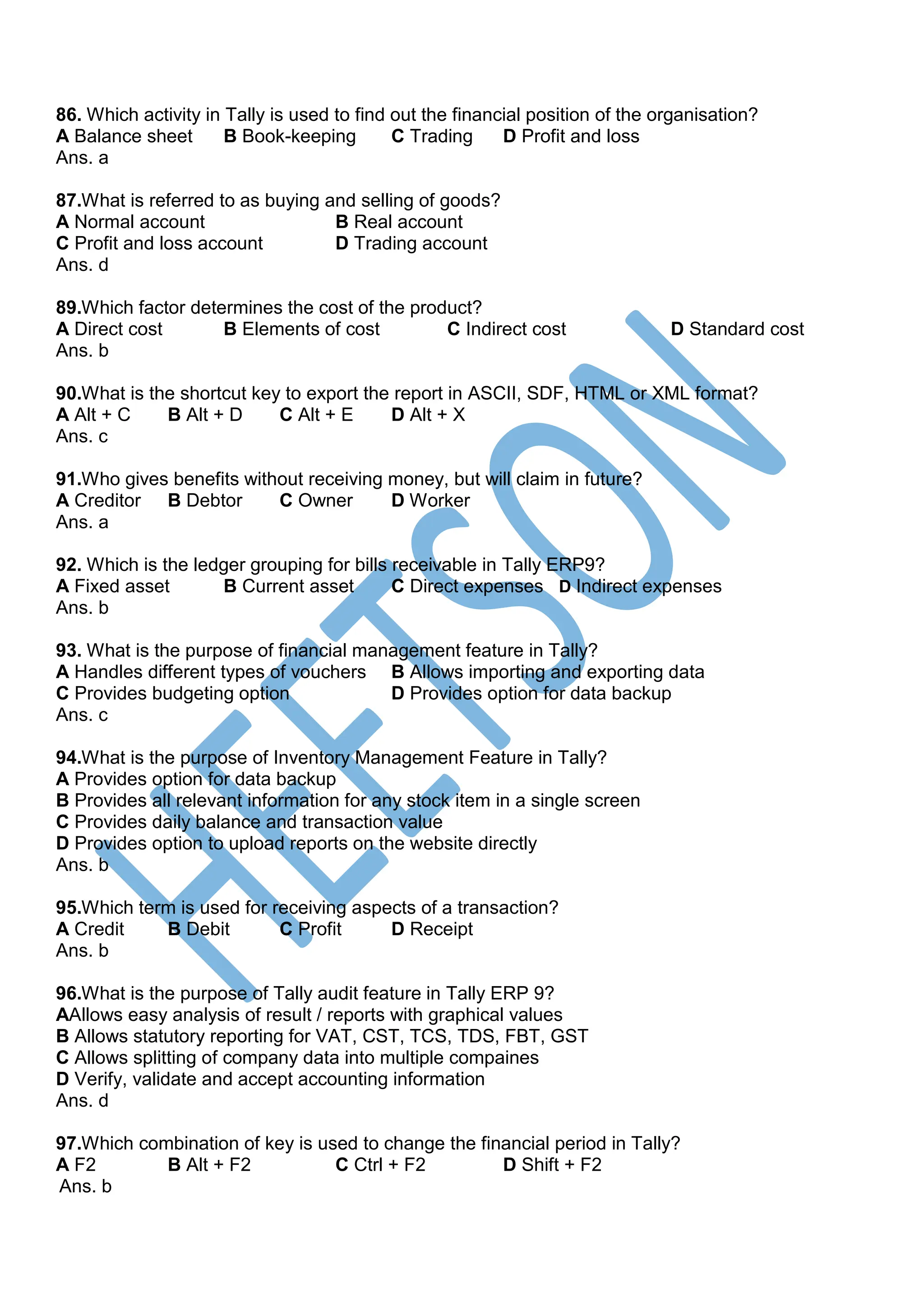 Tally ERP 9 MCQ Questions and Answers for Exams | PDF