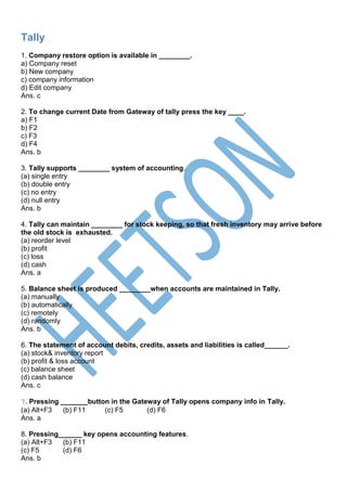 Tally ERP 9 MCQ Questions and Answers for Exams | PDF