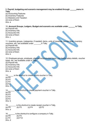 Tally ERP 9 MCQ Questions and Answers for Exams | PDF