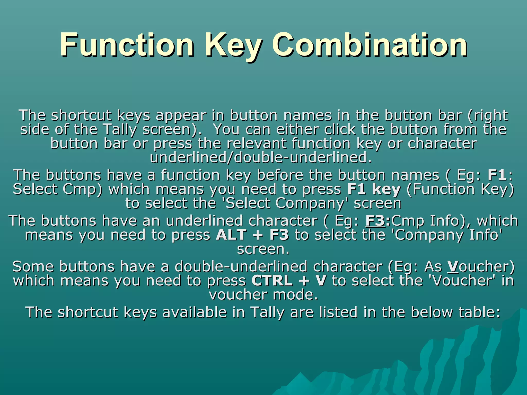 Tally 9 Shortcut keys | PPT