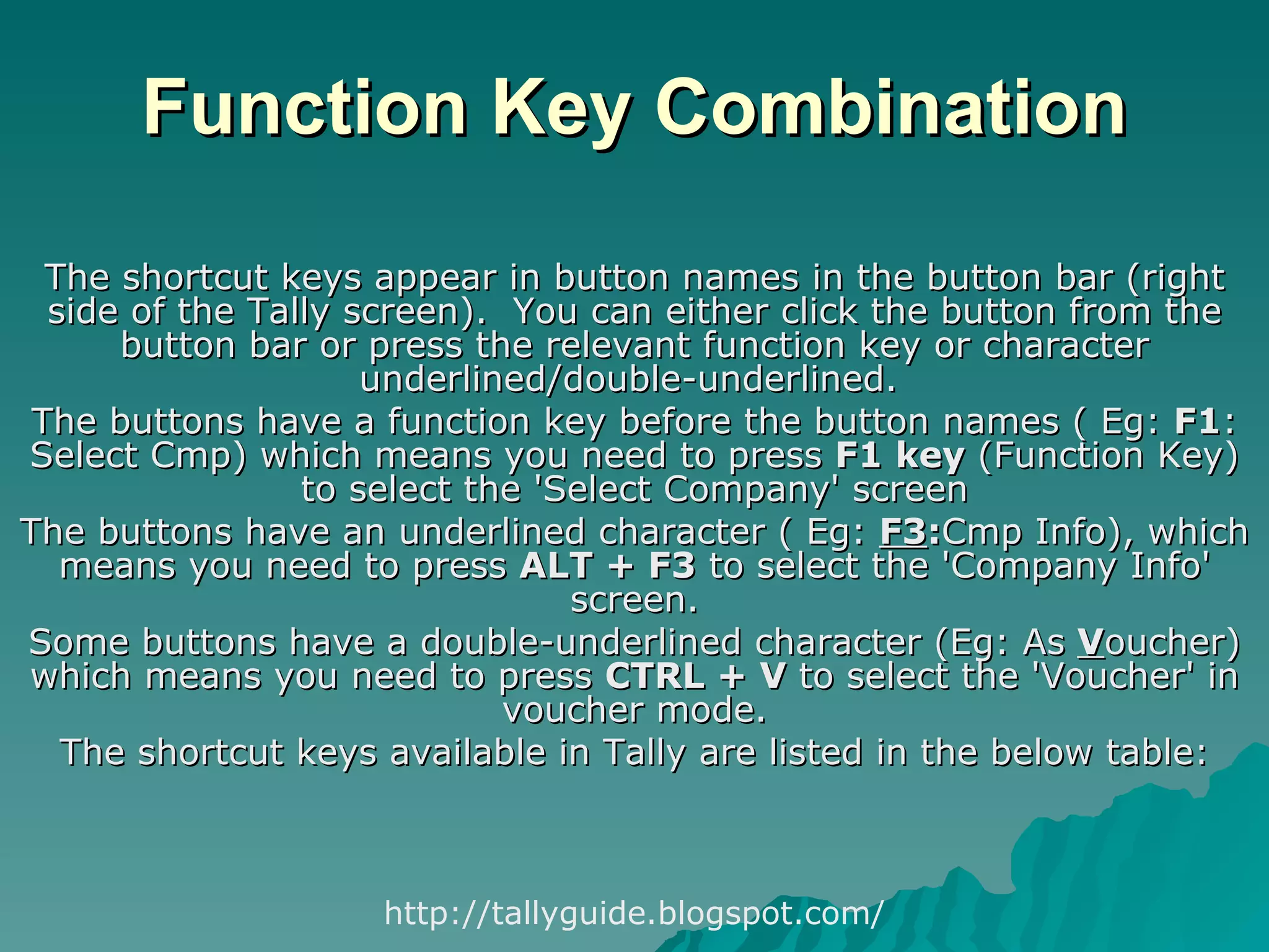 Tally 9 Shortcut Keys | PPT