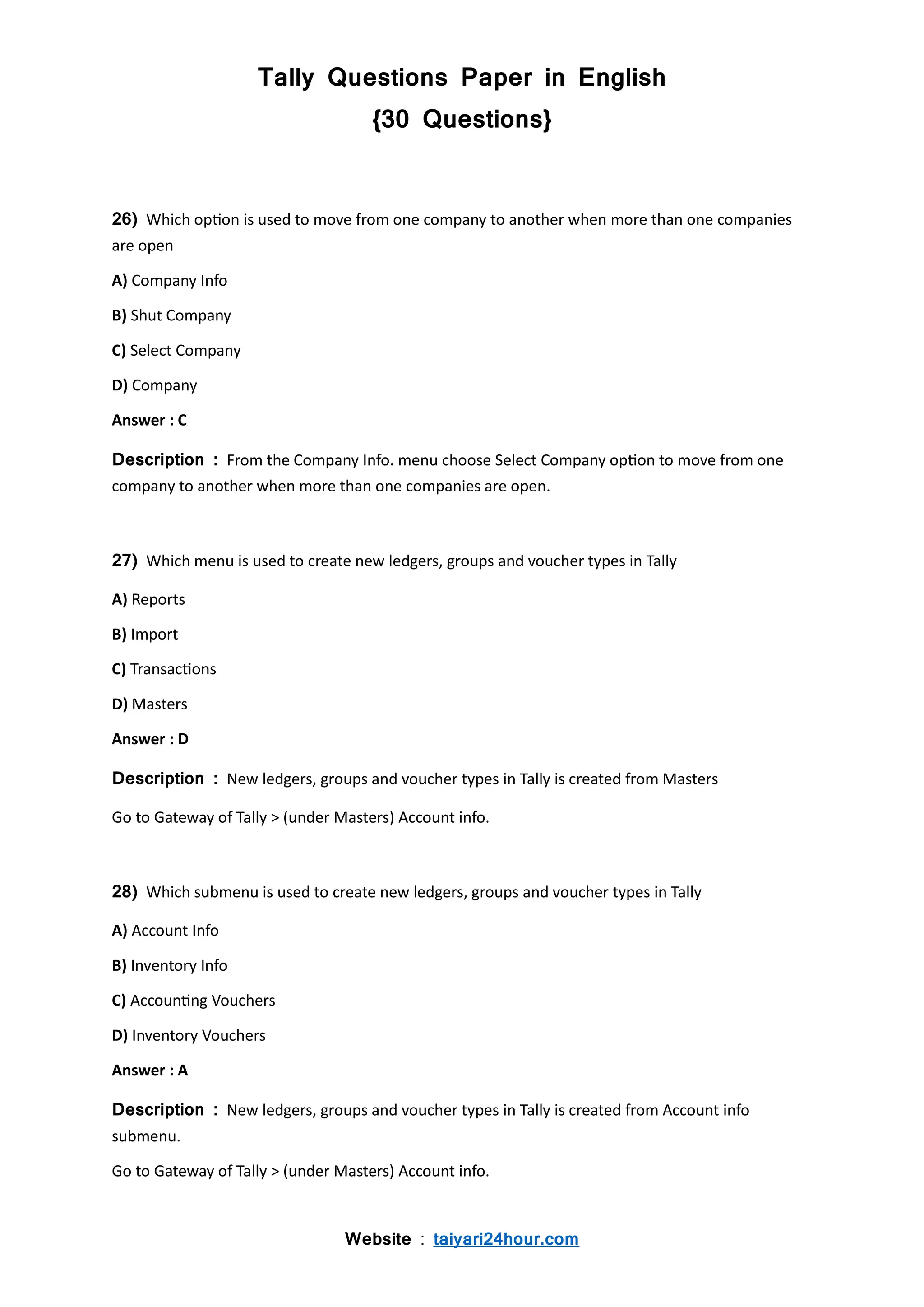 Tally Questions Paper in English {30 Questions} | PDF