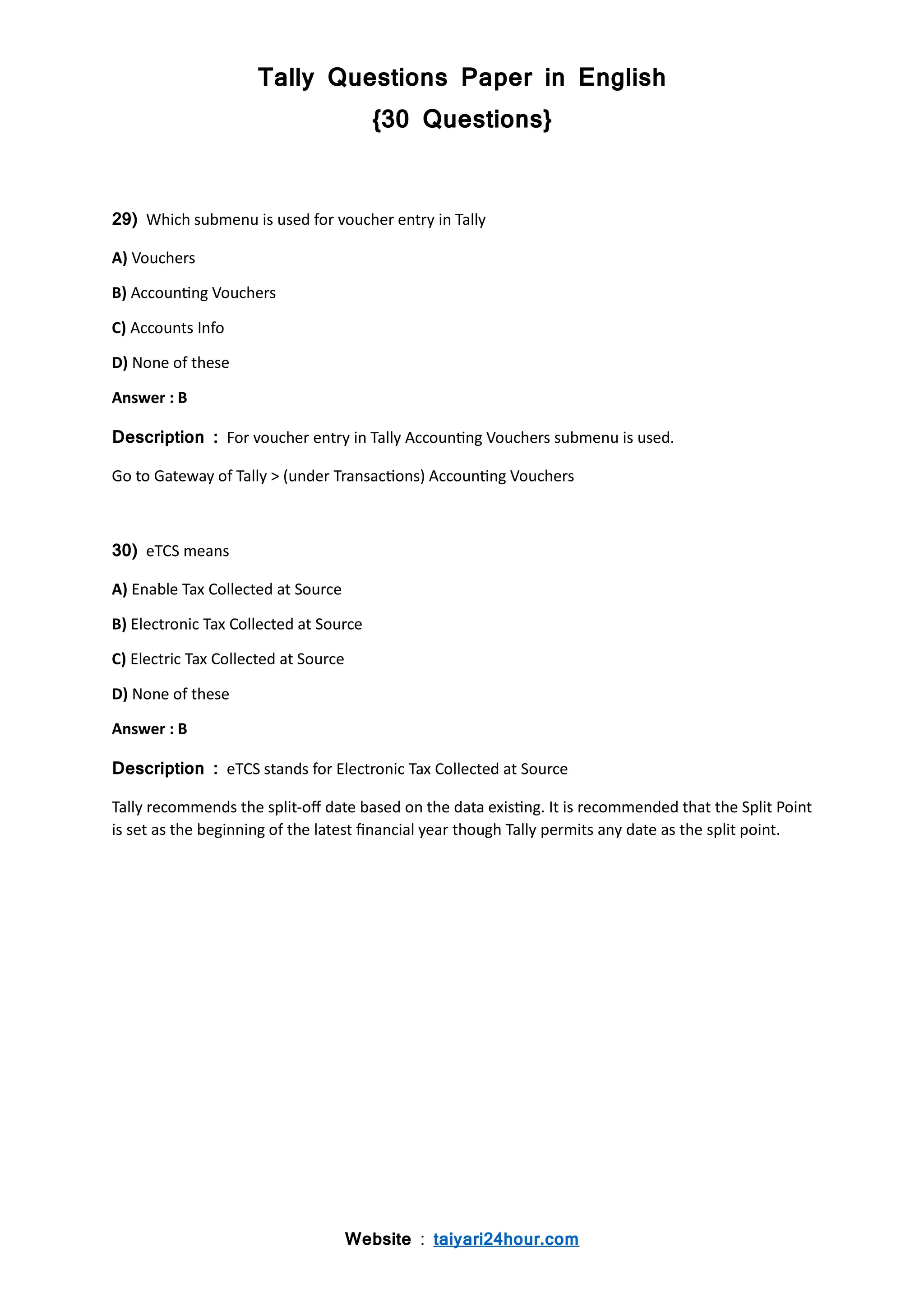 Tally Questions Paper in English {30 Questions} | PDF