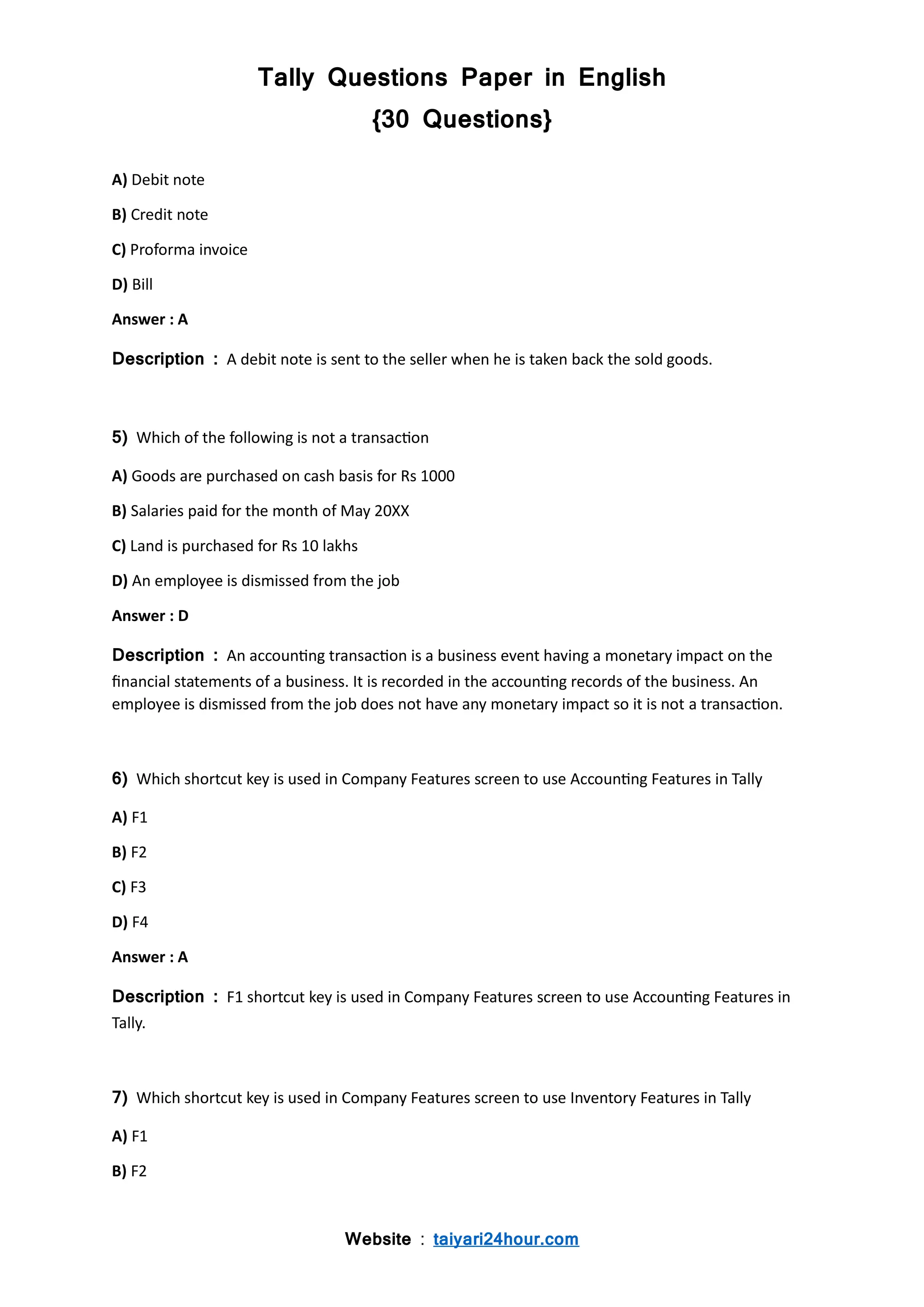 Tally Questions Paper in English {30 Questions} | PDF