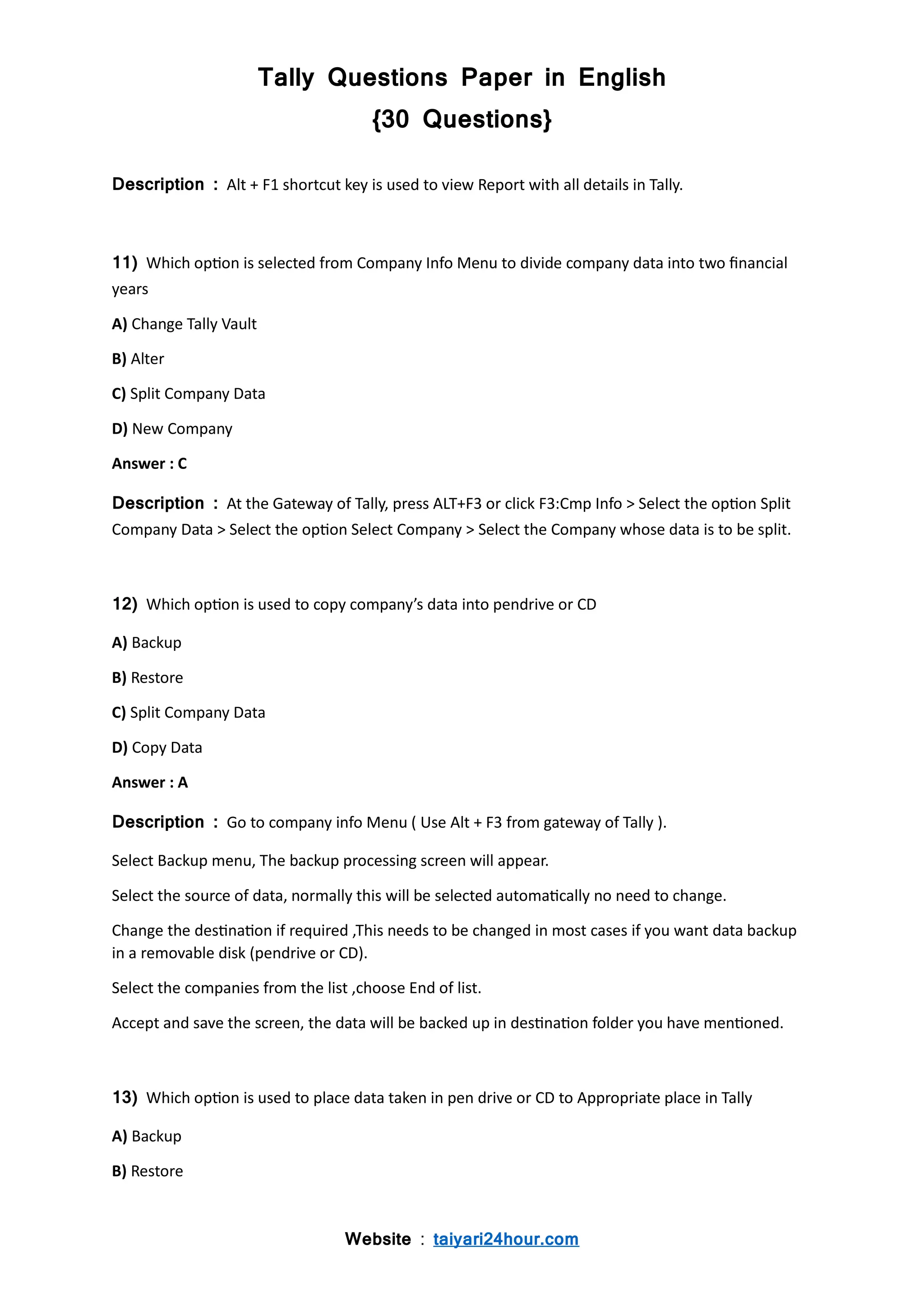 Tally Questions Paper in English {30 Questions} | PDF