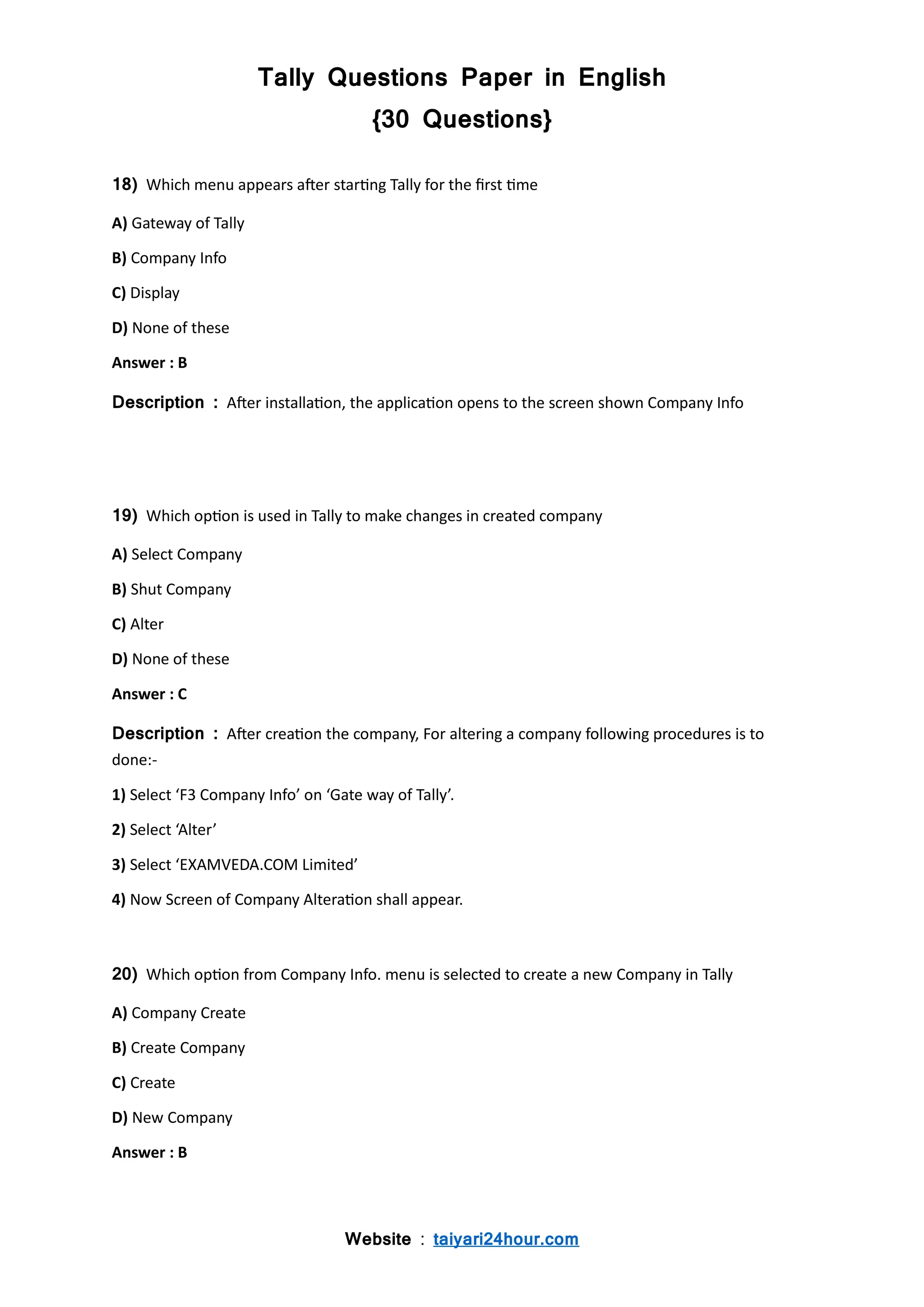 Tally Questions Paper in English {30 Questions} | PDF
