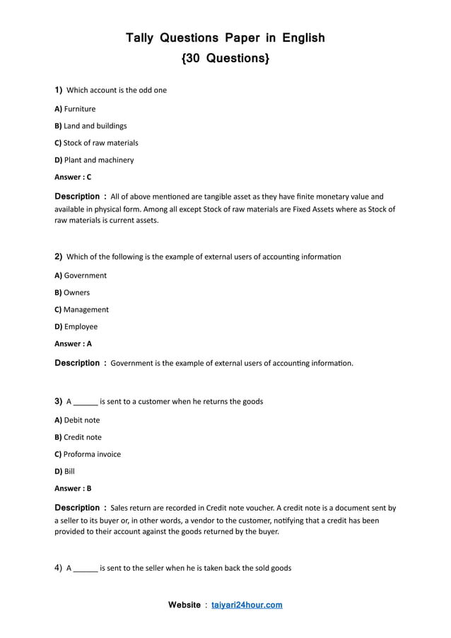 Tally Questions Paper in English {30 Questions} | PDF