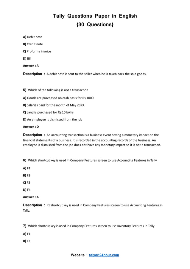 Tally Questions Paper in English {30 Questions} | PDF
