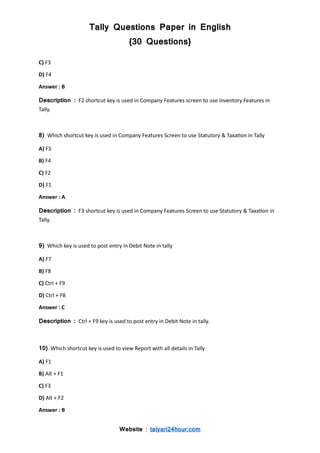 Tally Questions Paper in English {30 Questions} | PDF