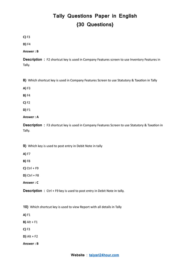 Tally Questions Paper in English {30 Questions} | PDF