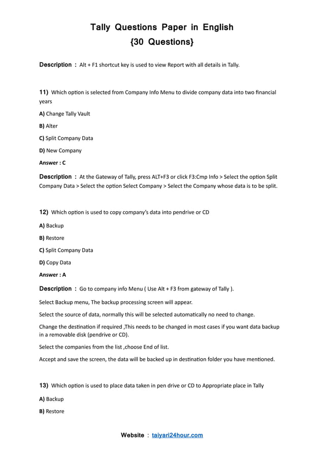 Tally Questions Paper in English {30 Questions} | PDF