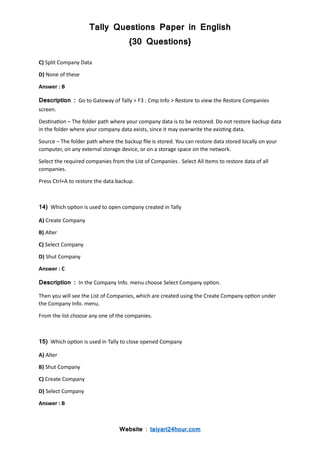 Tally Questions Paper in English {30 Questions} | PDF