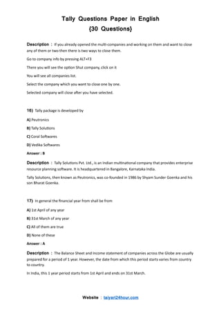 Tally Questions Paper in English {30 Questions} | PDF