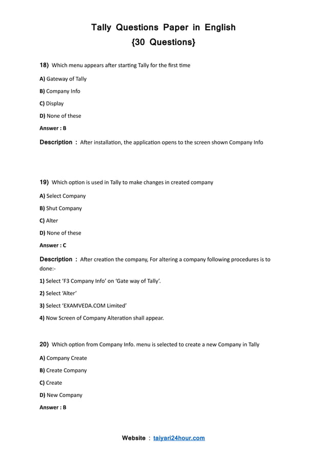 Tally Questions Paper in English {30 Questions} | PDF
