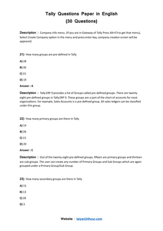Tally Questions Paper in English {30 Questions} | PDF