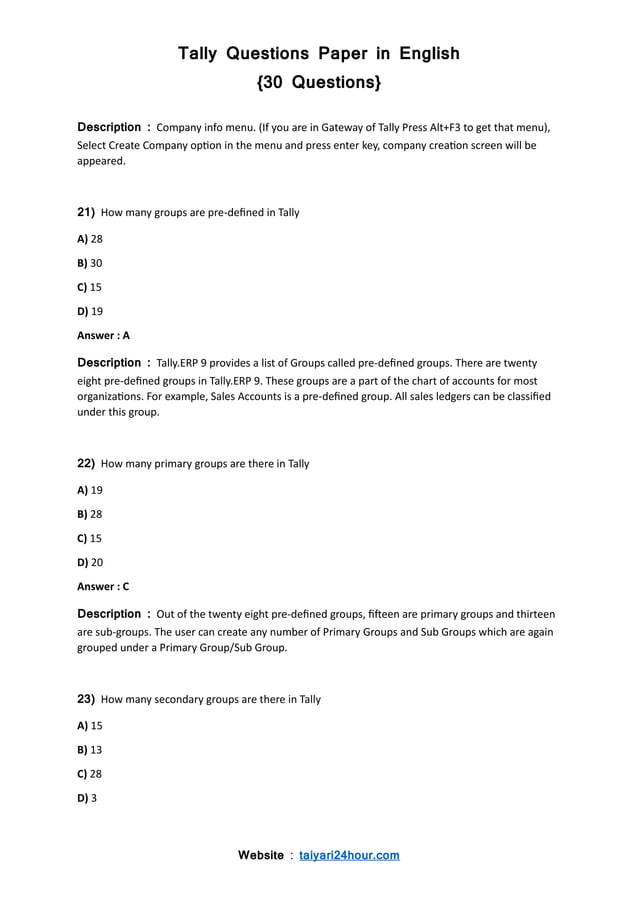 Tally Questions Paper in English {30 Questions} | PDF