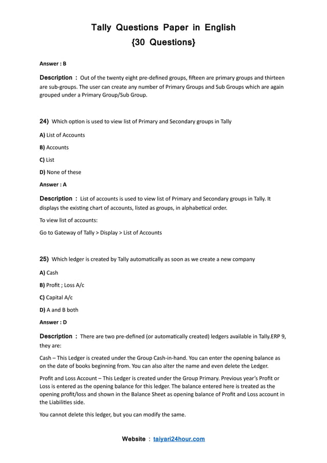Tally Questions Paper in English {30 Questions} | PDF