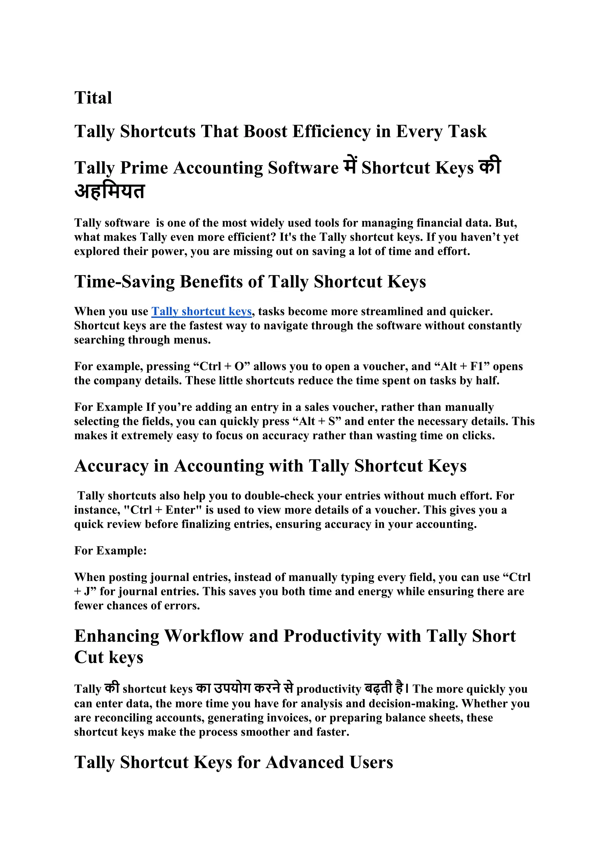 Tally Shortcuts That Boost Efficiency in Every Task | PDF