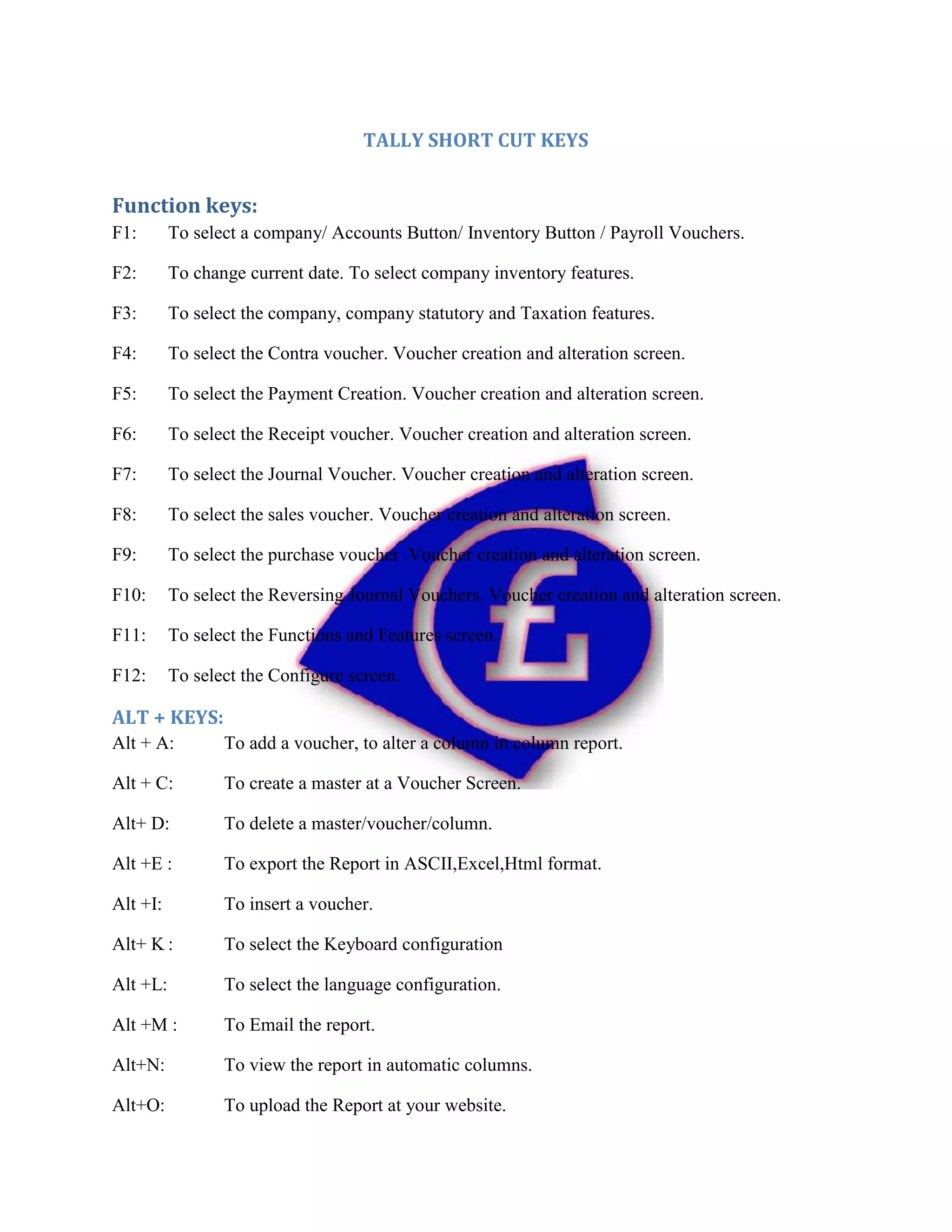 Tally short cut keys | PDF