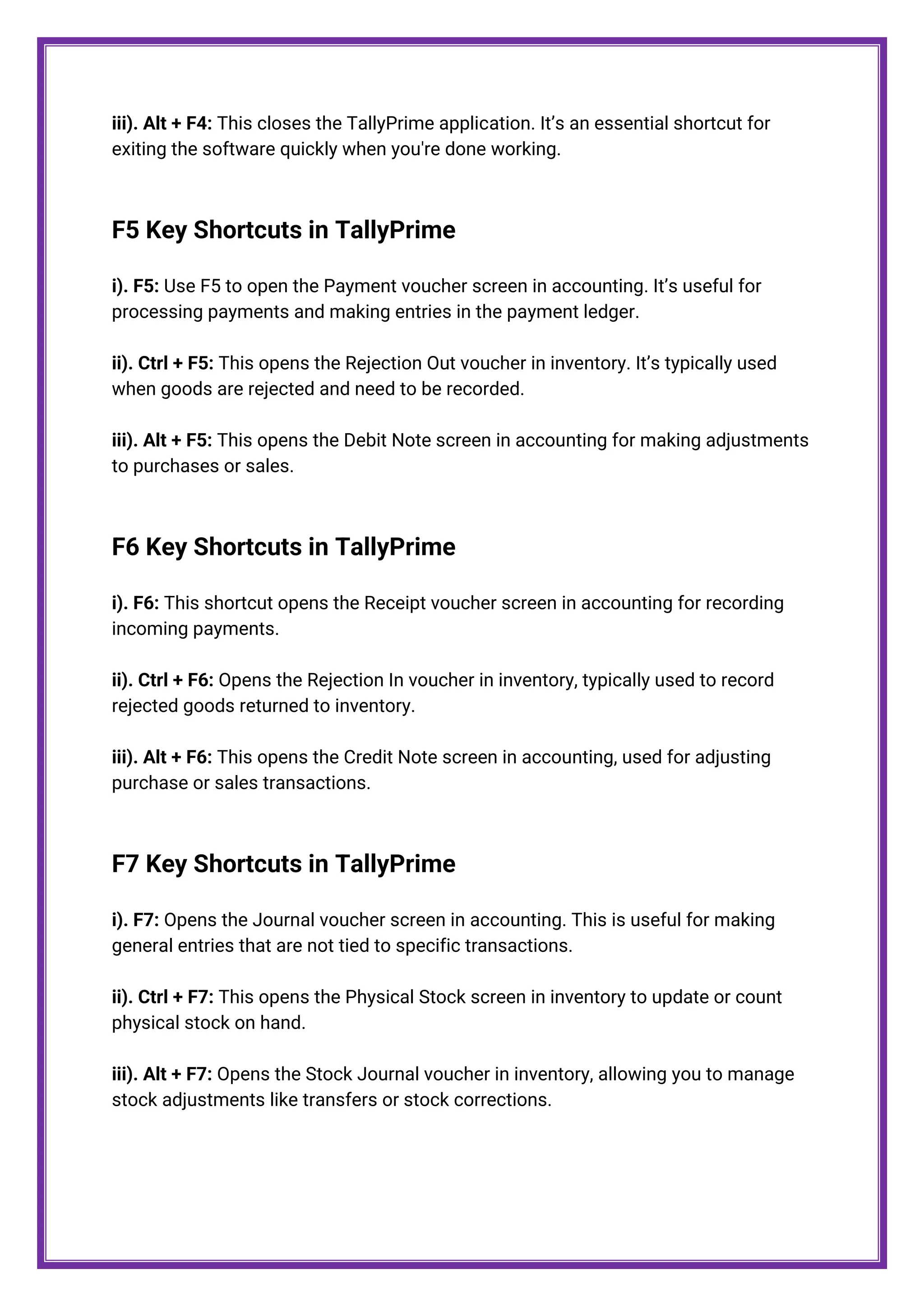 Tally Shortcut Keys F1 to F12 Functions and Usage - Gseven | PDF