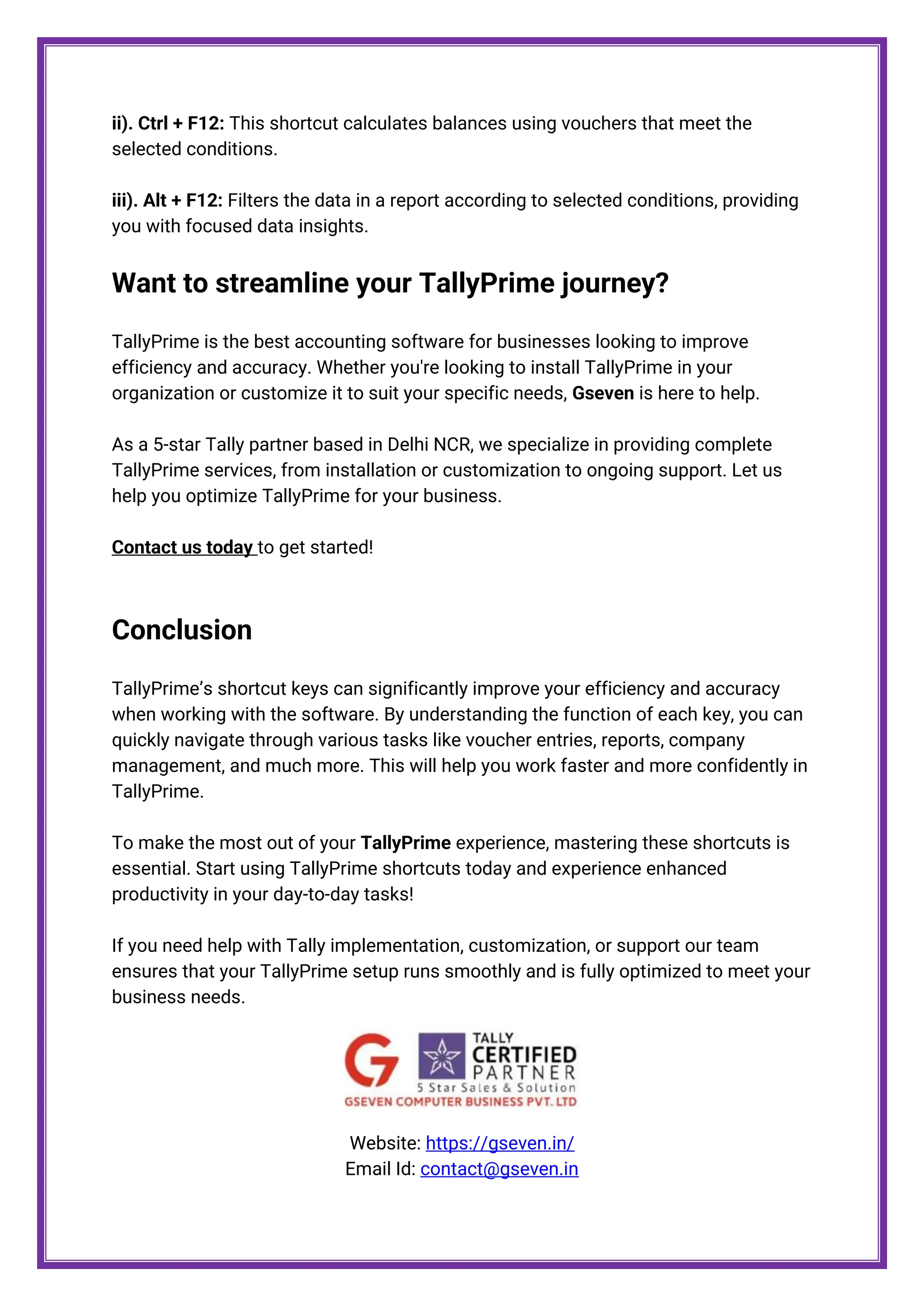 Tally Shortcut Keys F1 to F12 Functions and Usage - Gseven | PDF