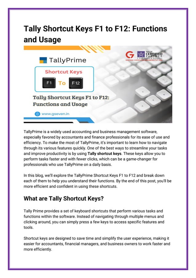 Tally Shortcut Keys F1 to F12 Functions and Usage - Gseven | PDF