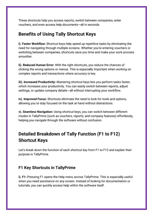 Tally Shortcut Keys F1 to F12 Functions and Usage - Gseven | PDF